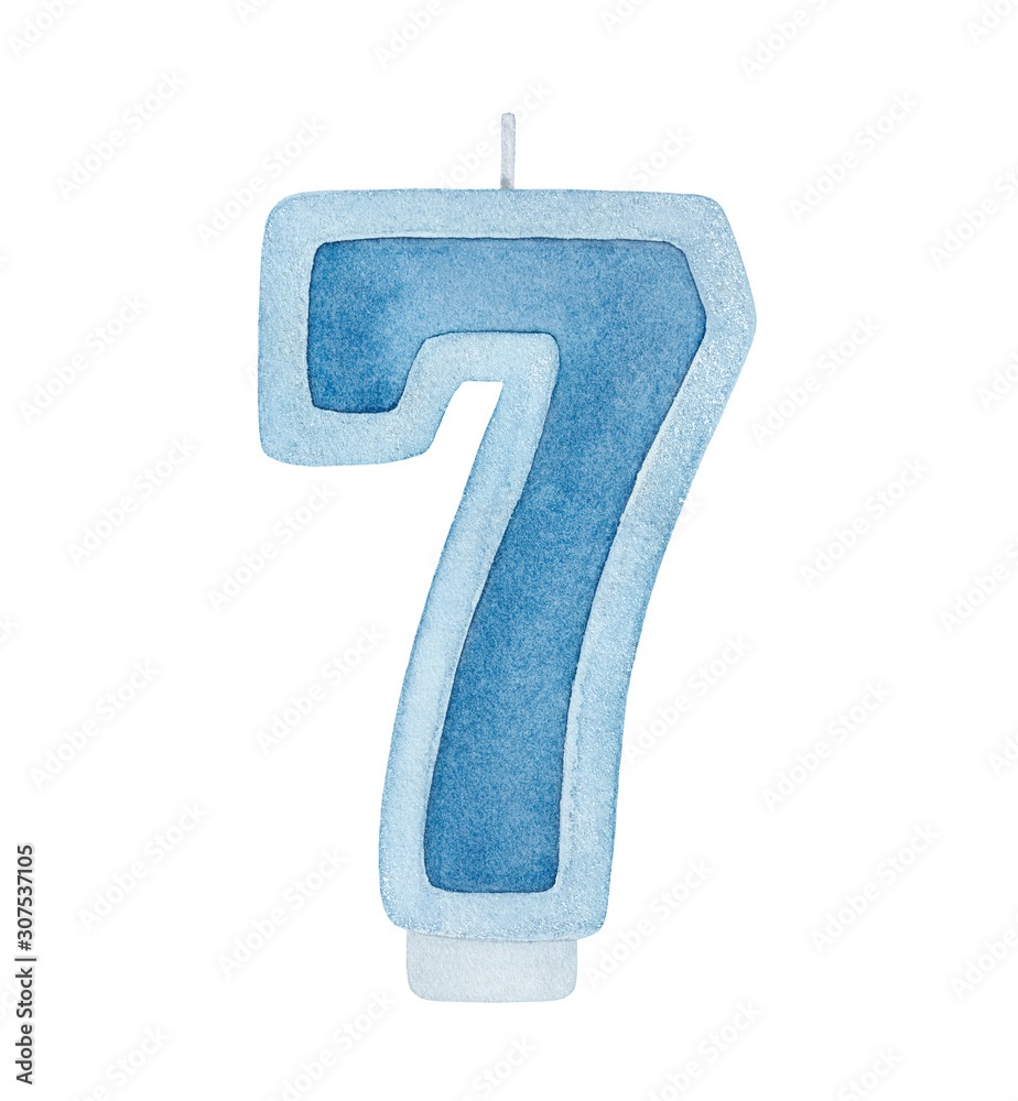 Watercolor of blue "Number 7" candle decorated with silver glitter ...
