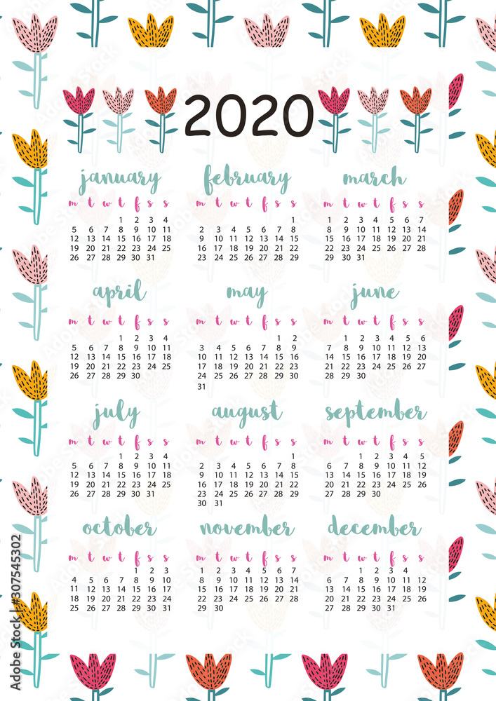 2020 calendar with flowers, A4 format, printable page for notebook ...