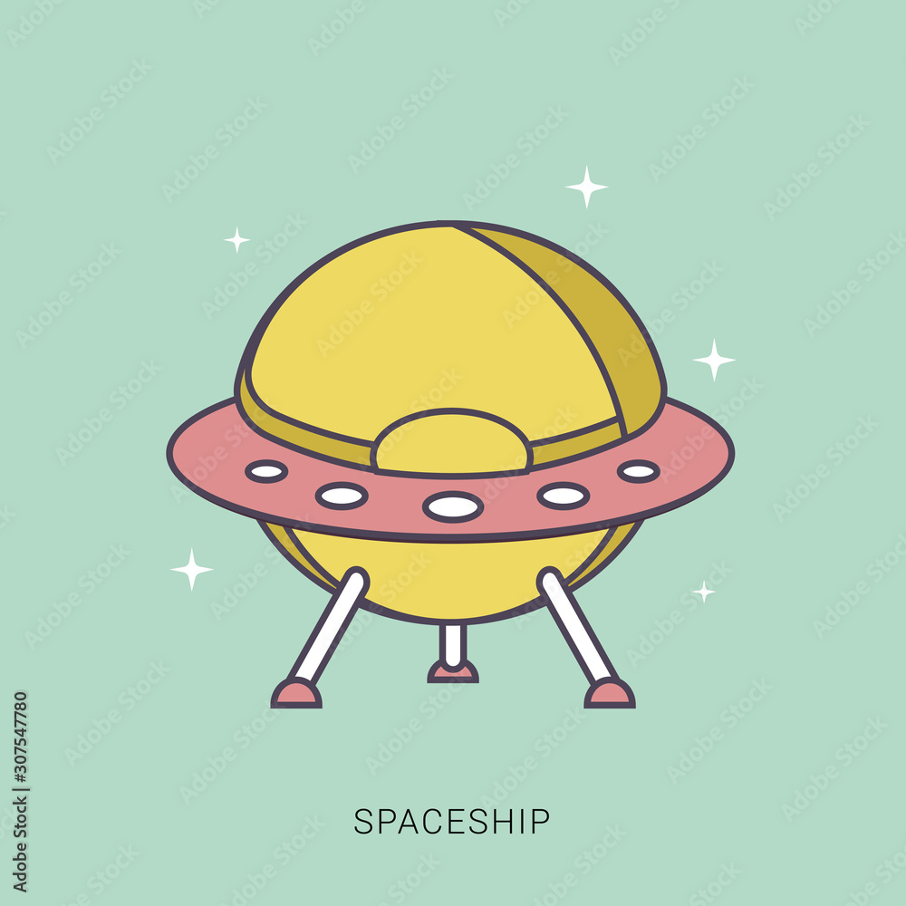 UFO graphic set in different styles. Red and green color with outline ...