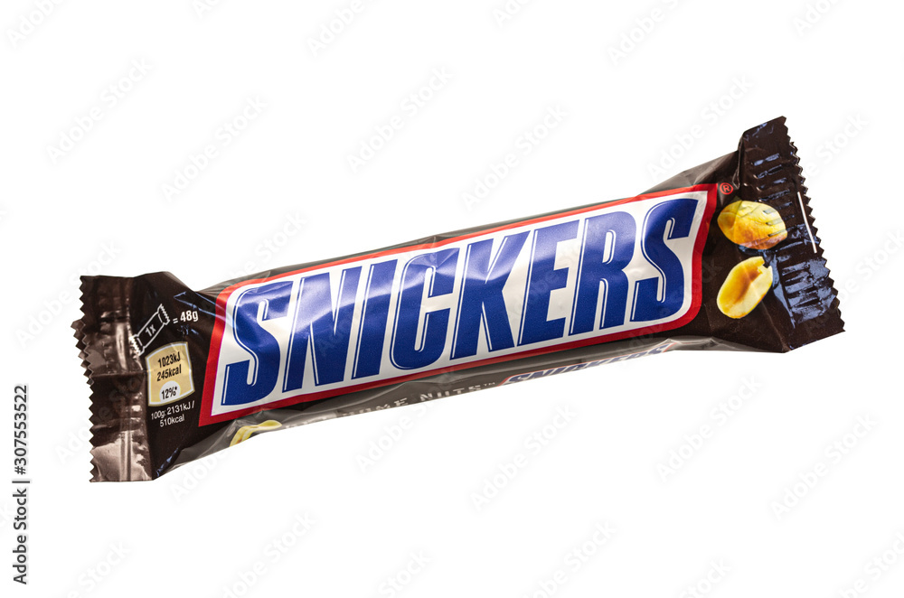 Snickers chocolate bars on a yellow patterned background Stock Photo ...