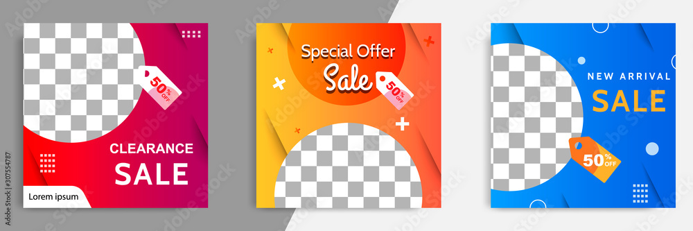 Three set of sale square banner. Abstract gradient modern geometric ...