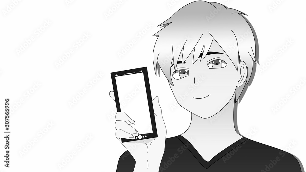 Anime Boy Cartoon Character holding phone in hand in T-Shirt standing ...