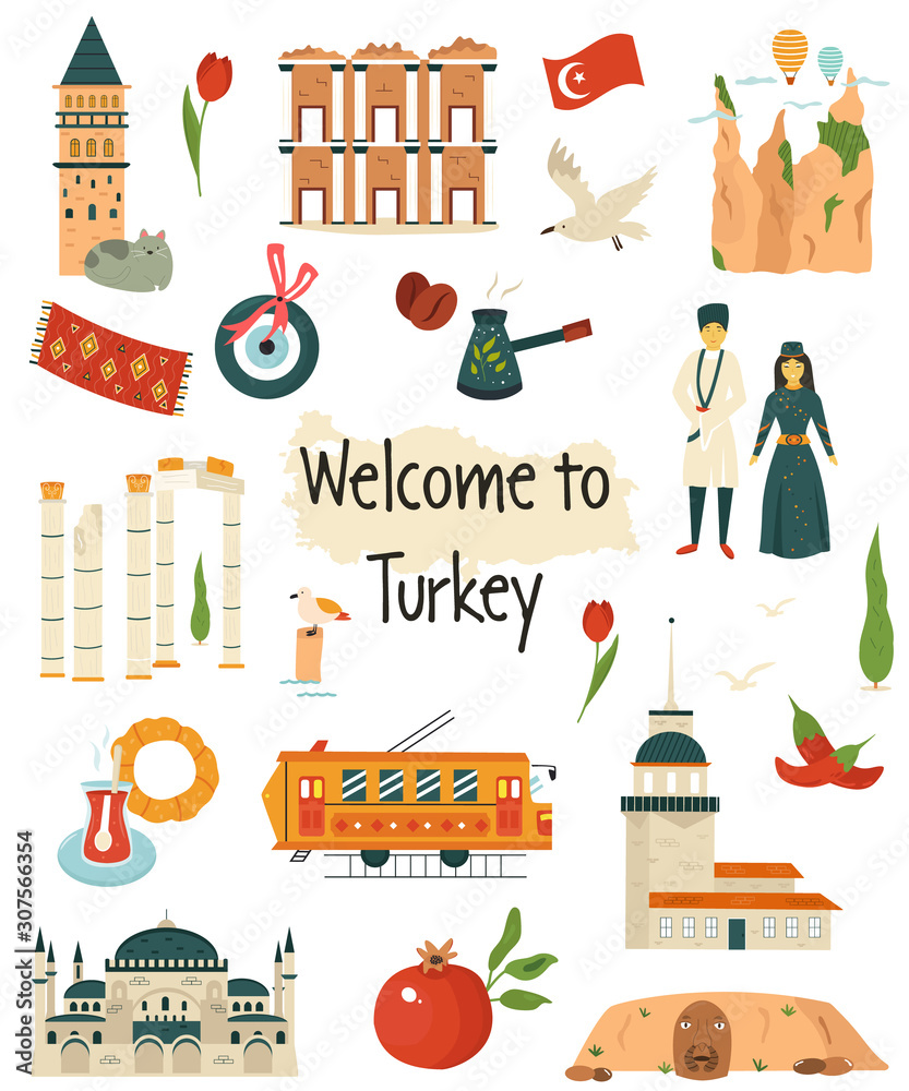 Big icon set of landmarks, symbols of Turkey. Stock Vector | Adobe Stock