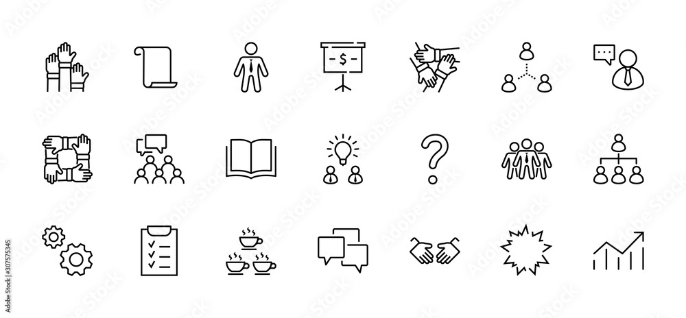 Set of Team Work Related Vector Line Icons. Contains such Icons as Handshake, Check, Idea ...