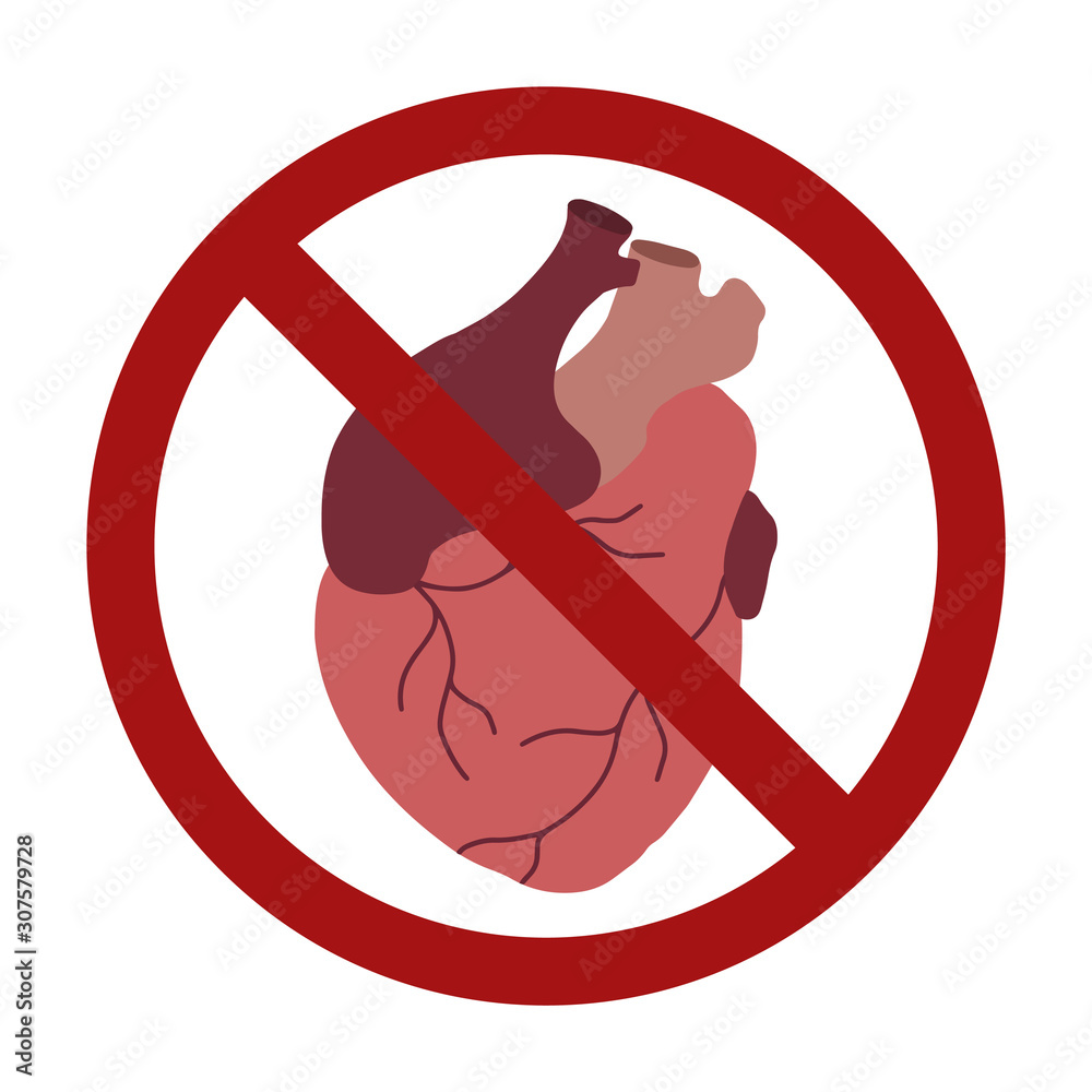 Realistic heart in red prohibited sign. Ban for love. No feelings ...