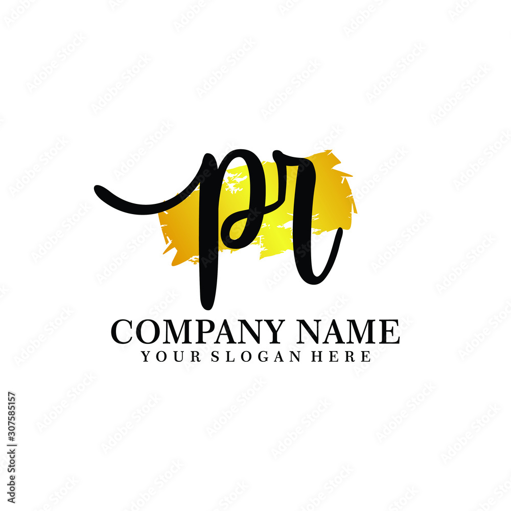 letter PR handwriting Black color logo, and elegant gold brush template ...