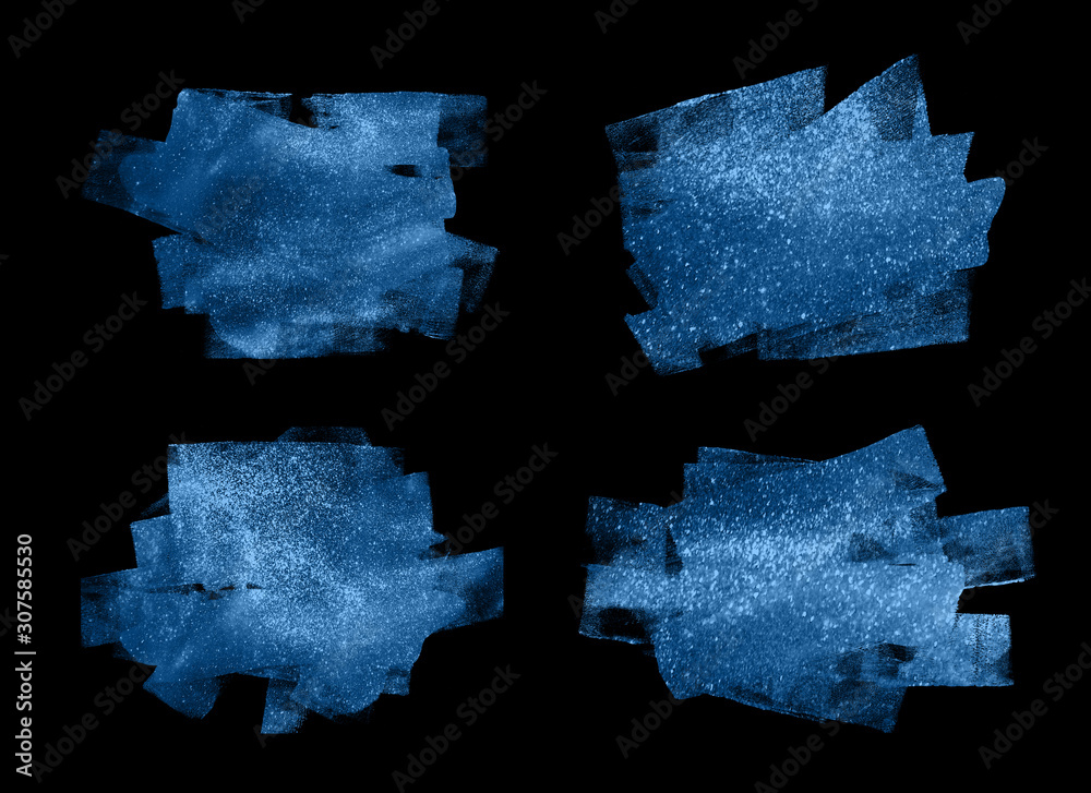 Set of 4 abstract classic blue shimmer strokes isolated on black ...