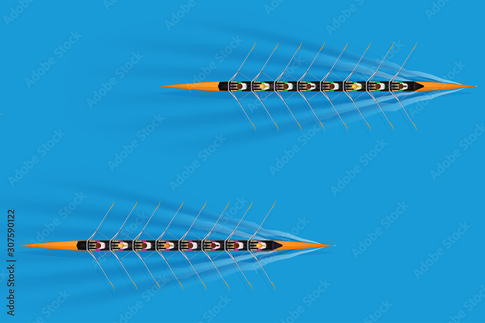 Race of Eight rowers with mixed paddlers on water surface. Women and ...