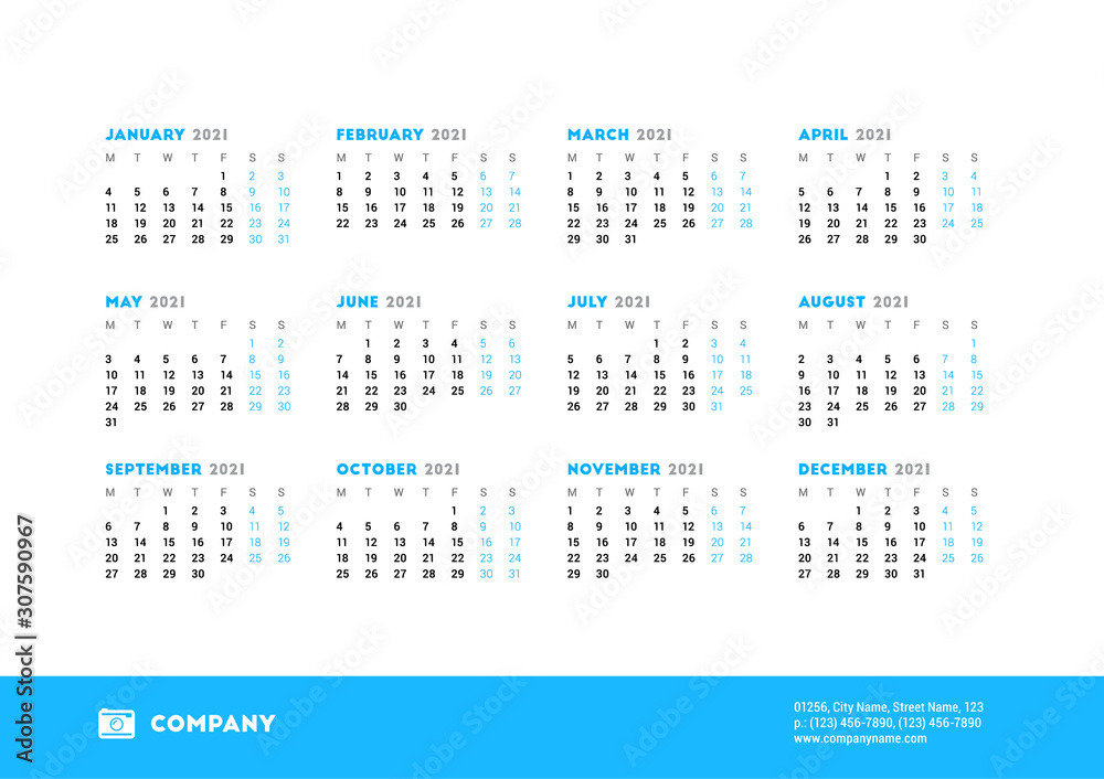 Calendar for 2021 year. Week starts on Monday. Printable vector ...