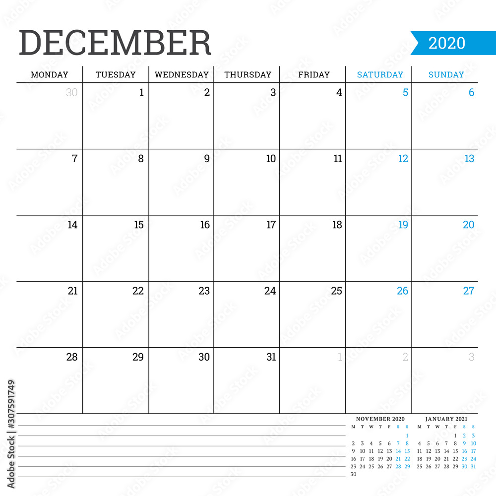 December 2020. Square monthly calendar. Planner template. Minimalist ...