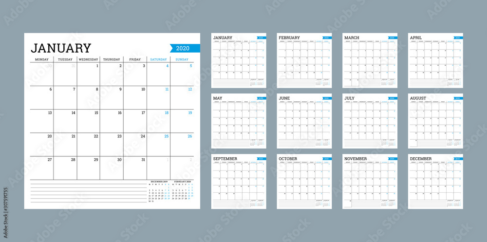 Square monthly calendar for 2020 year. Planner template. Minimalist ...