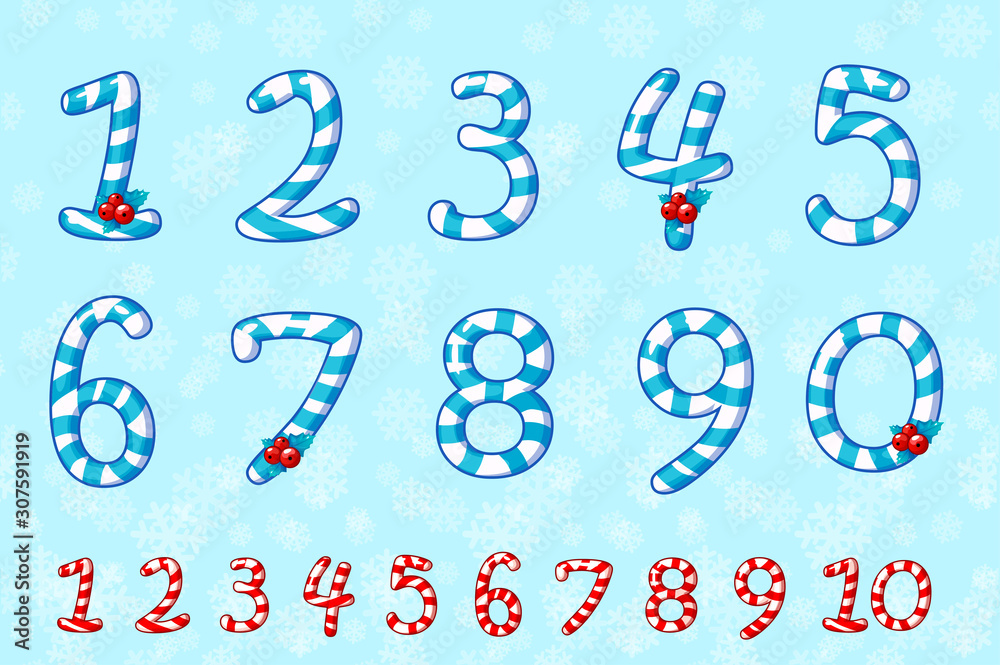 Candy numbers set in blue. Sweet lollipop figure. Numbers for event ...