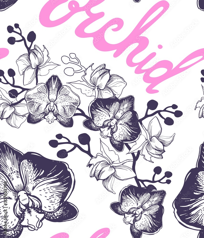 Branch of flowers orchids and colored brush pen lettering calligraphy ...