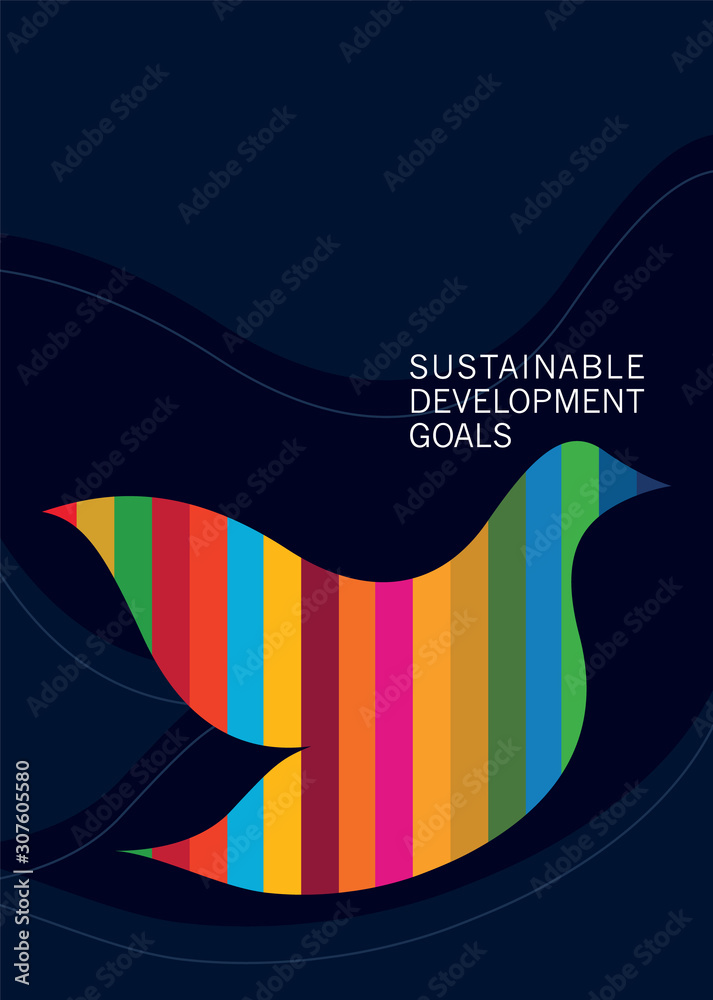 Flying Rainbow bird on blue background. SDG goal 16, peace justice ...