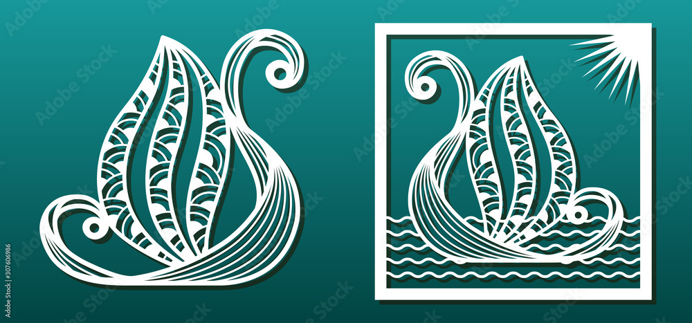 Laser cut template. Fantasy boat, sea waves. For wood or metal cutting ...