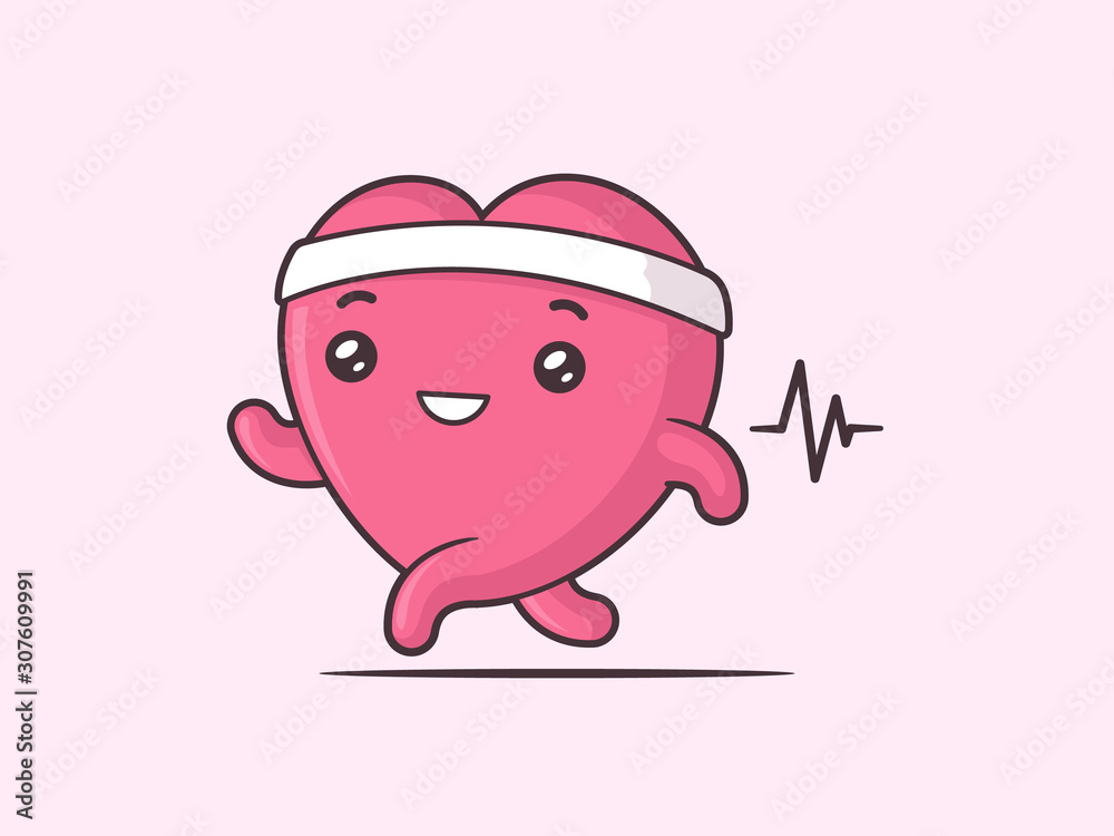 Cute running heart mascot kawaii vector cartoon illustration Stock ...