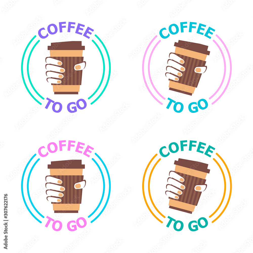 Coffee to go, logotype examples. Flat icon of coffee cup in the hand ...