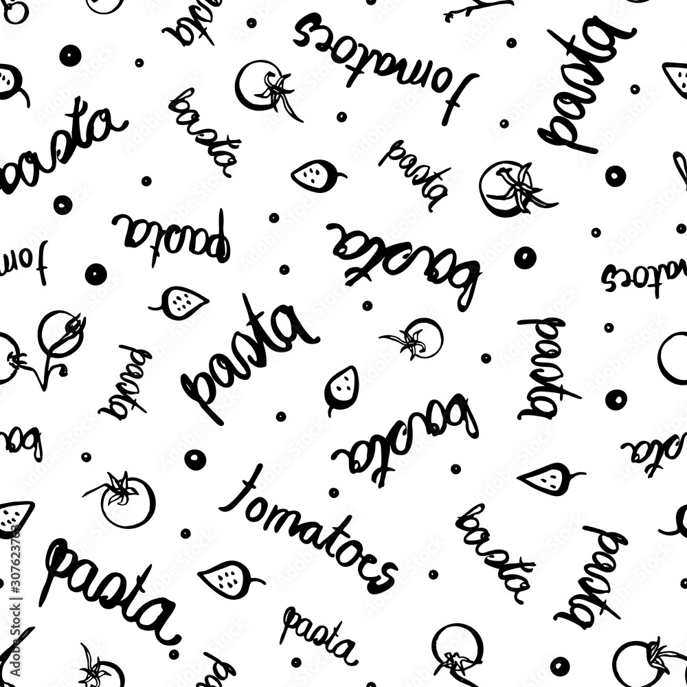 Vector tomato typo pasta pattern. Homemade delicious hand drawn noodle ...