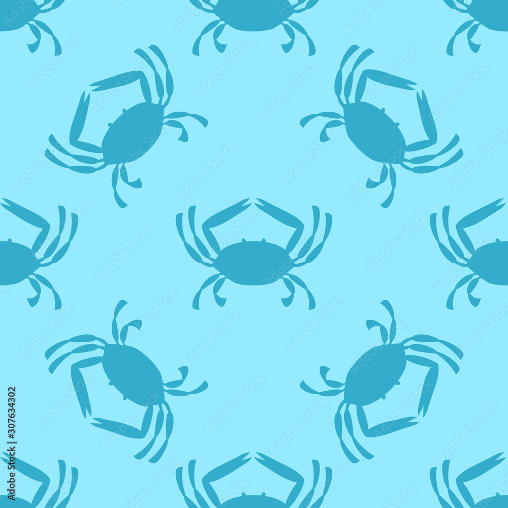 Vector seamless wallpaper with teal blue crab silhouettes on light blue ...