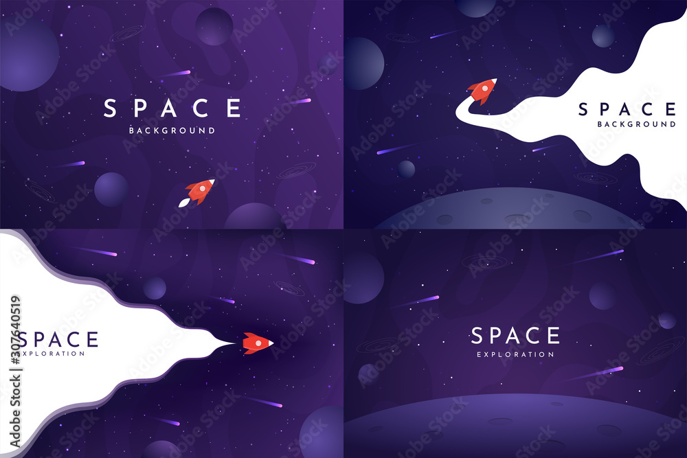 Vector backgrounds set. Space exploration. Cosmos with rocket. Violet ...
