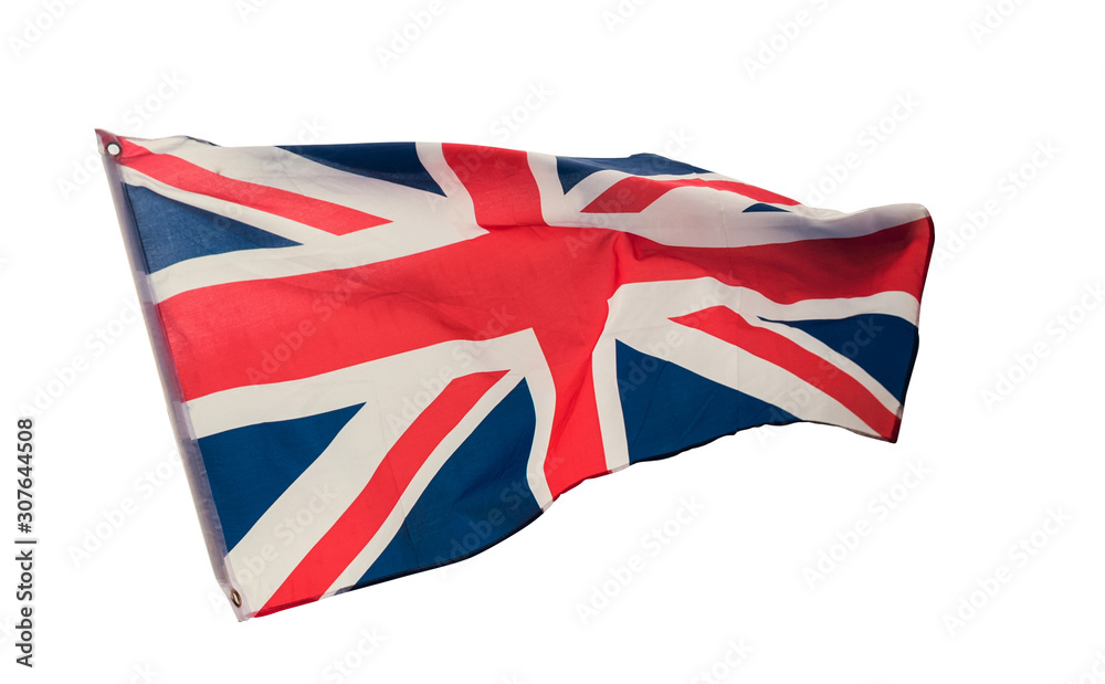 A vintage retro british union jack flag blowing in the wind, cutout and ...