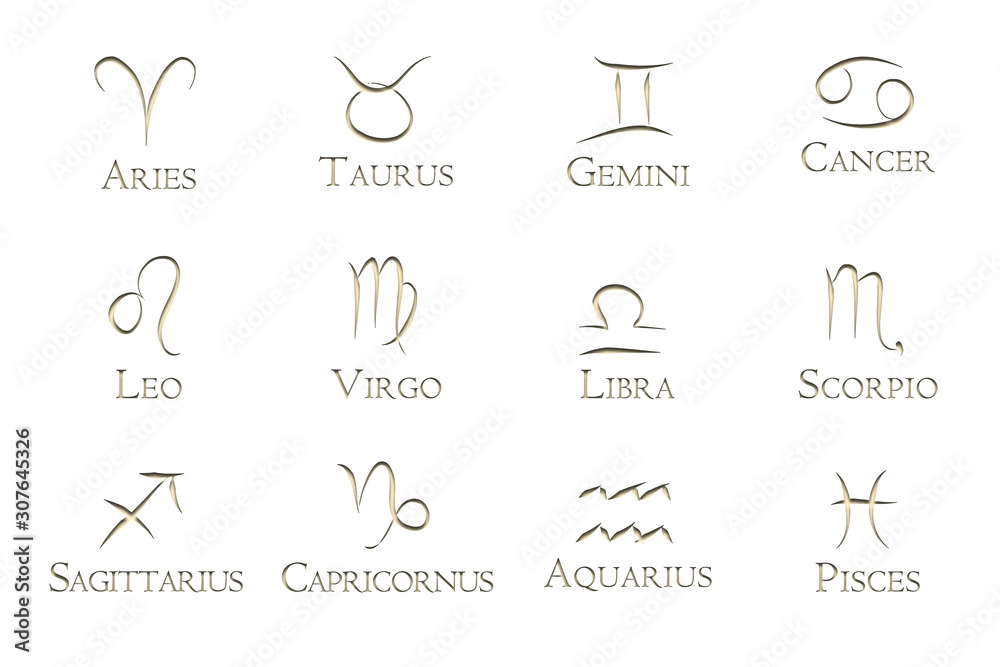Set of the twelve zodiac signs and their names on a white background ...
