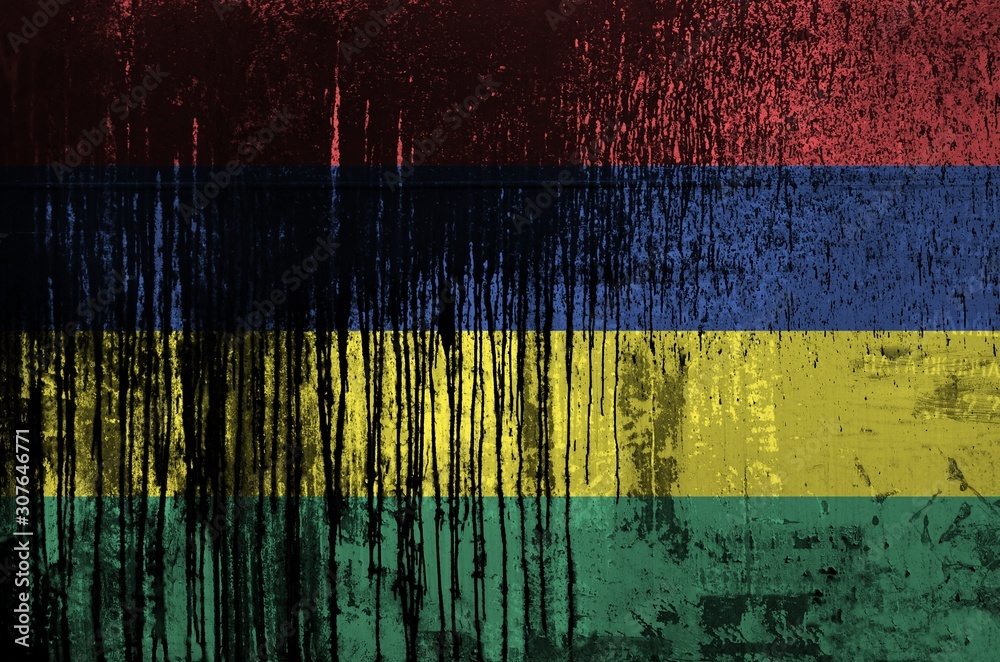 Mauritius flag depicted in paint colors on old and dirty oil barrel ...