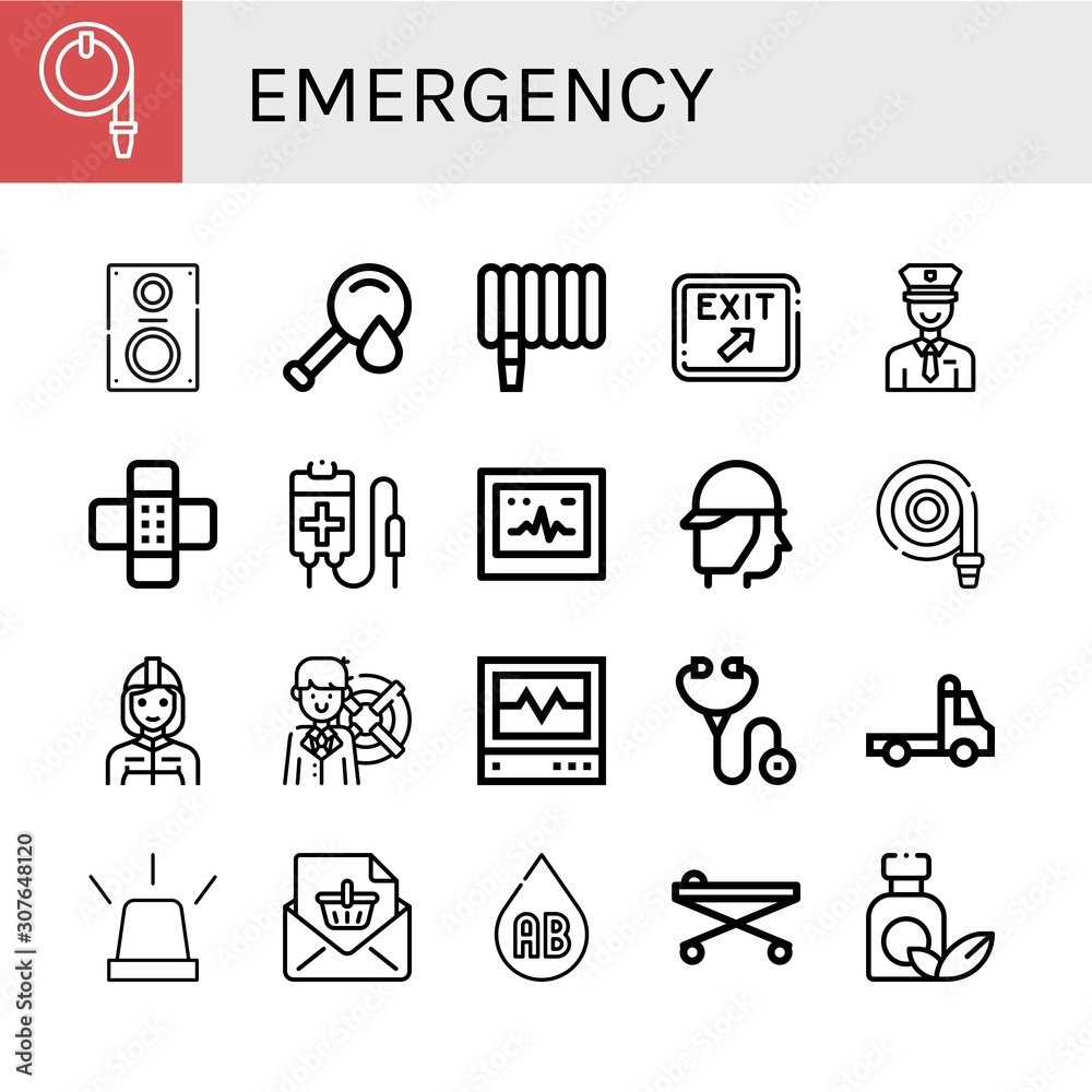 Set of emergency icons such as Water hose, Loudspeaker, Blood test ...