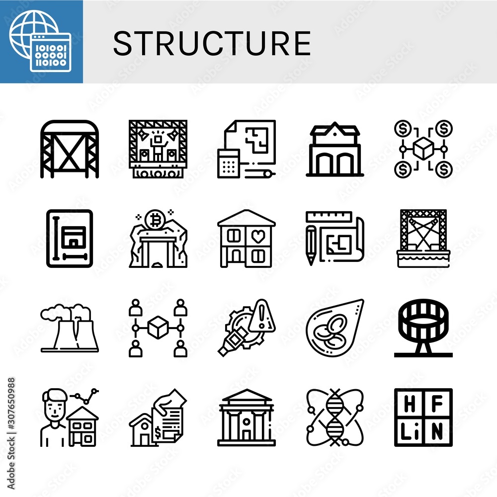 Set of structure icons such as Binary code, Stage, Blueprint, Fire ...