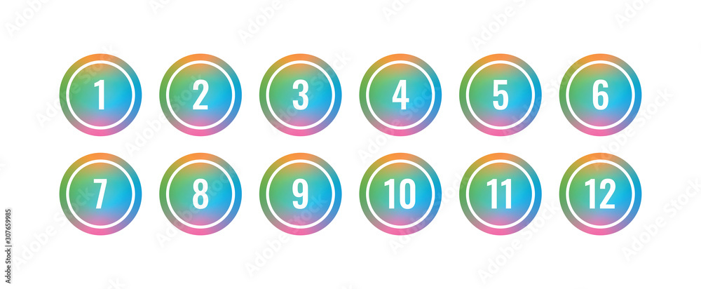 freeform gradient round buttons and numbers. 1-12 numbers. numbers in ...