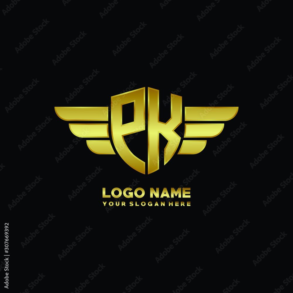 initial letter PK shield logo with wing vector illustration, gold color ...