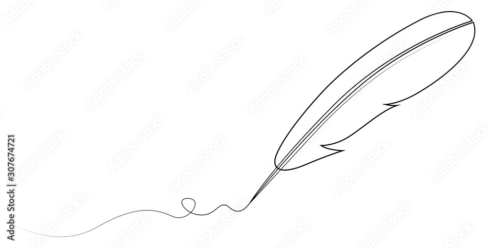 Single continuous line drawing of fether or quill pen. Retro ...