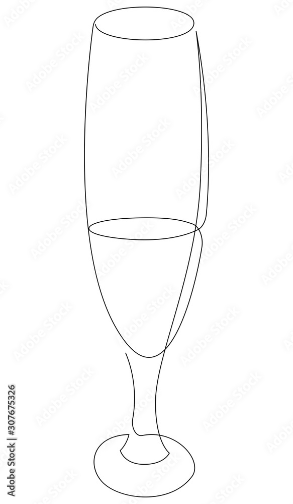 Continuous one line drawing of glass with cocktail, wine or champagne ...