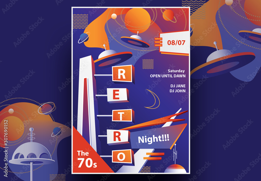 Mid-Century Retro Party Flyer Layout with Sci-Fi Elements Stock ...