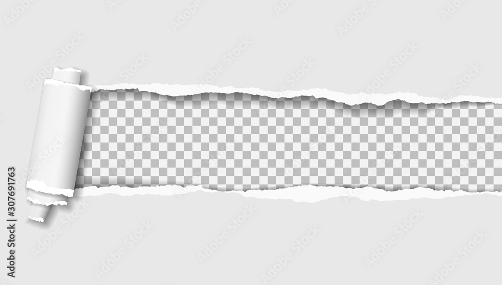 Rolled and ripped white notebook paper is on squared background for ...