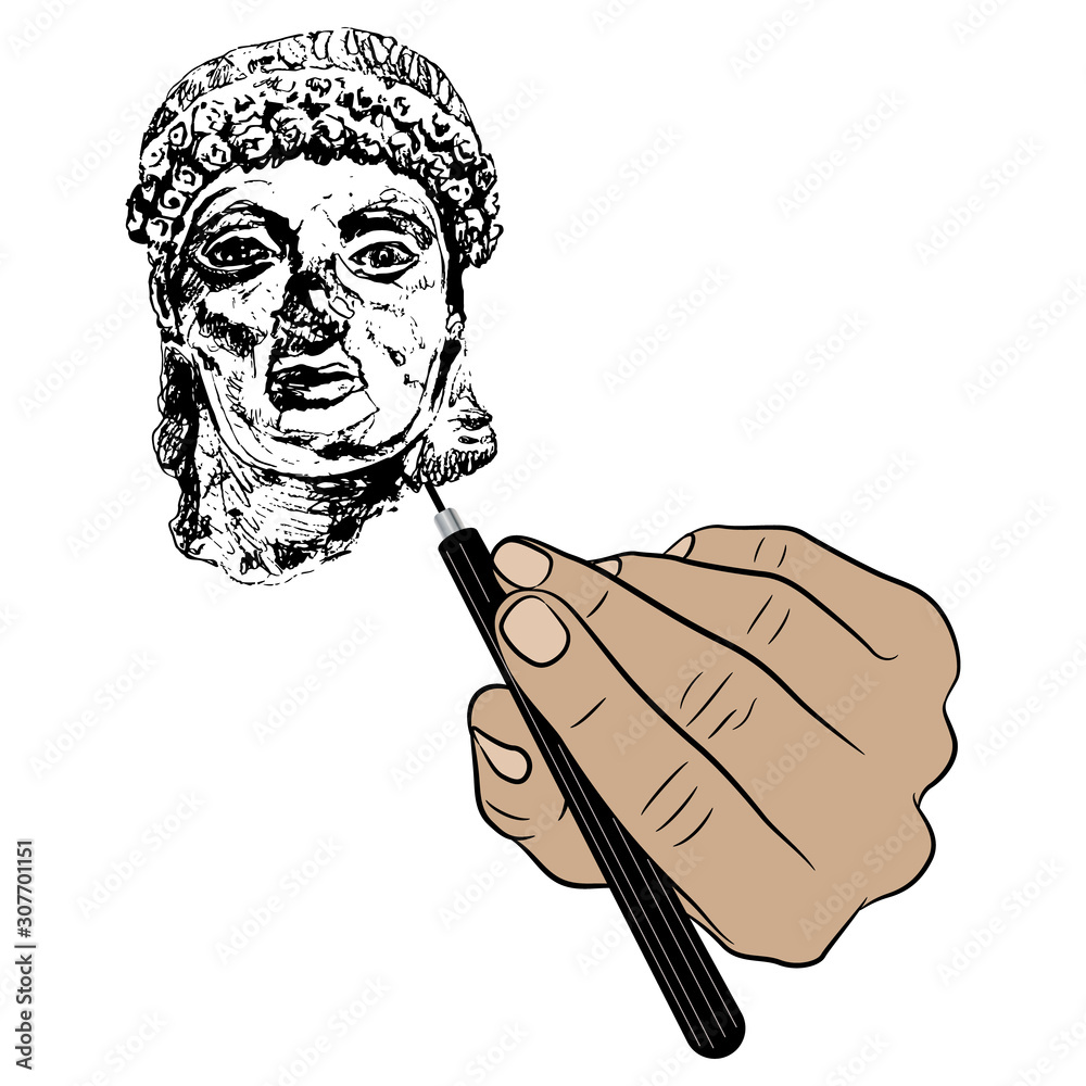 Human hand drawing the head of ancient Greek goddess. Metaphor for ...