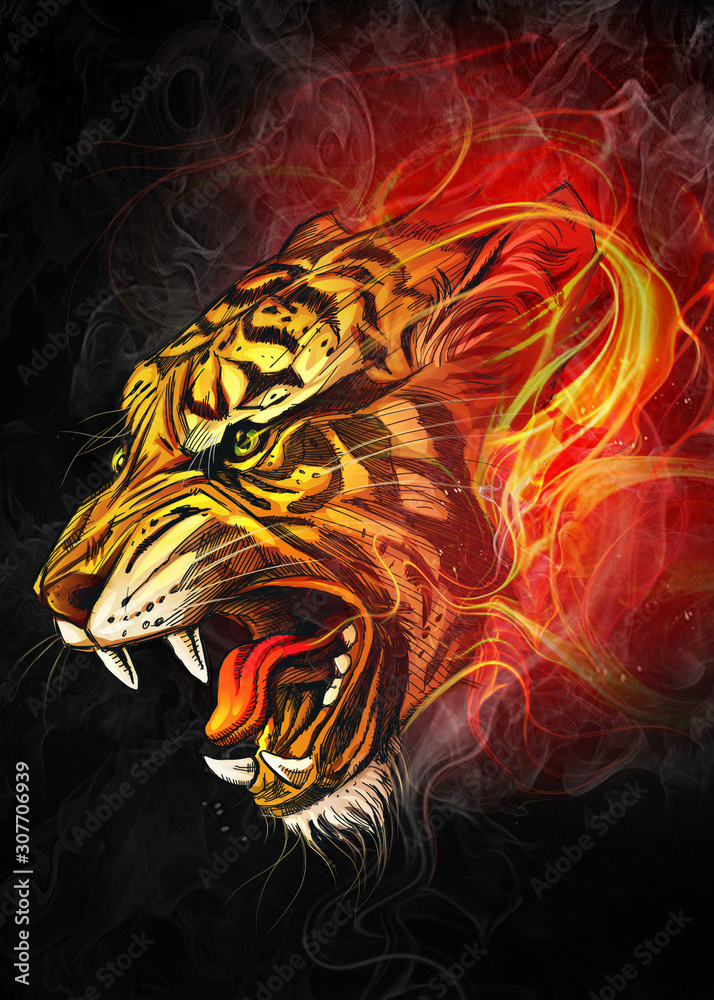 Art of powerful tiger in the midst of fire.digital art style ...