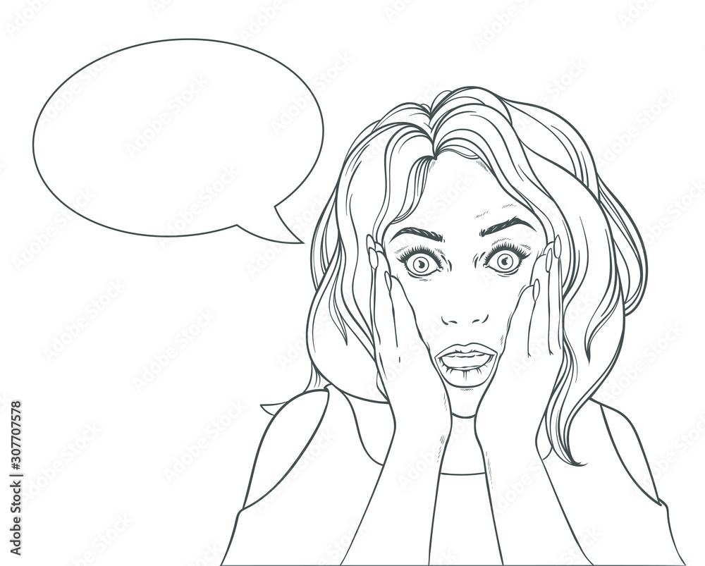 Vector illustration with pop art surprised woman face and open mouth ...