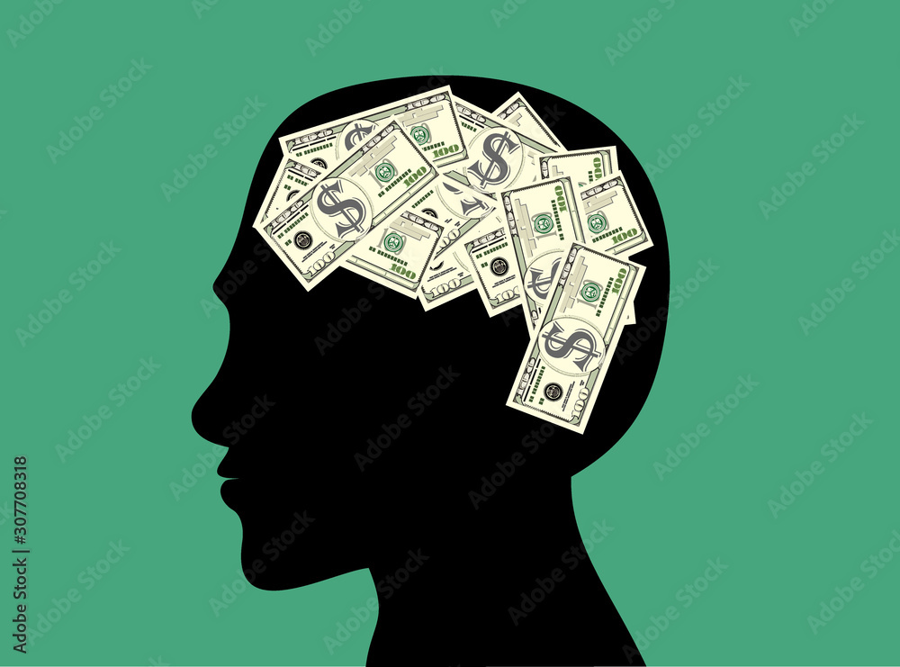 Thinking Brain Money Mind, concept showing a head, brain thinking about ...