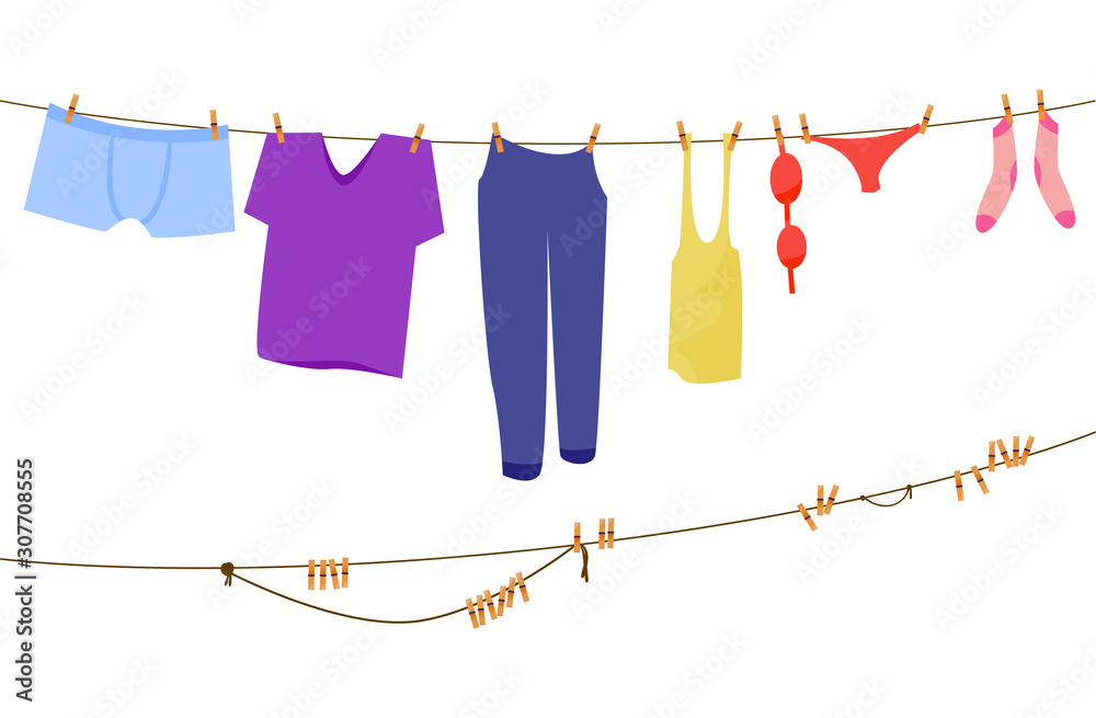Clothes hanging on a rope, Flat vector illustration isolated on white ...