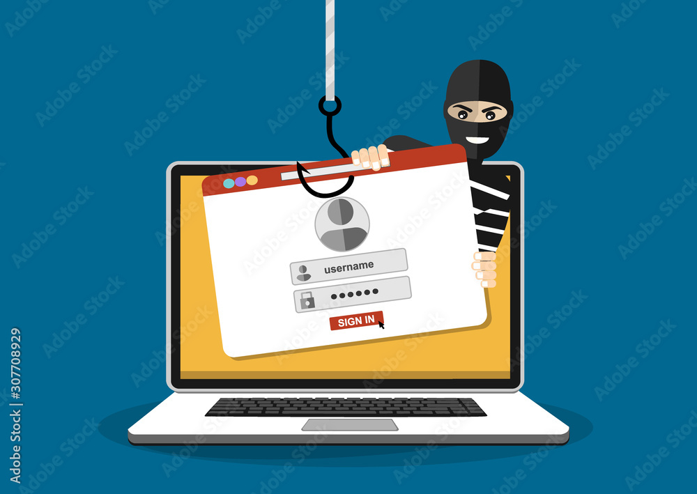 Thief hacker in mask stealing passwords. anti phishing and internet viruses concept. Cartoon ...
