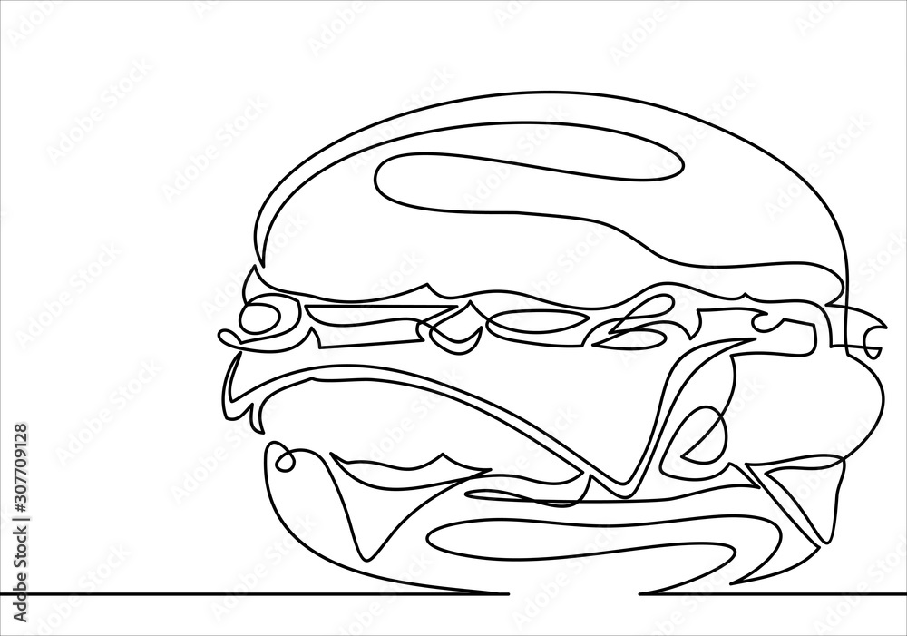Continuous line drawing. Big Hamburger Fast food. Vector illustration ...