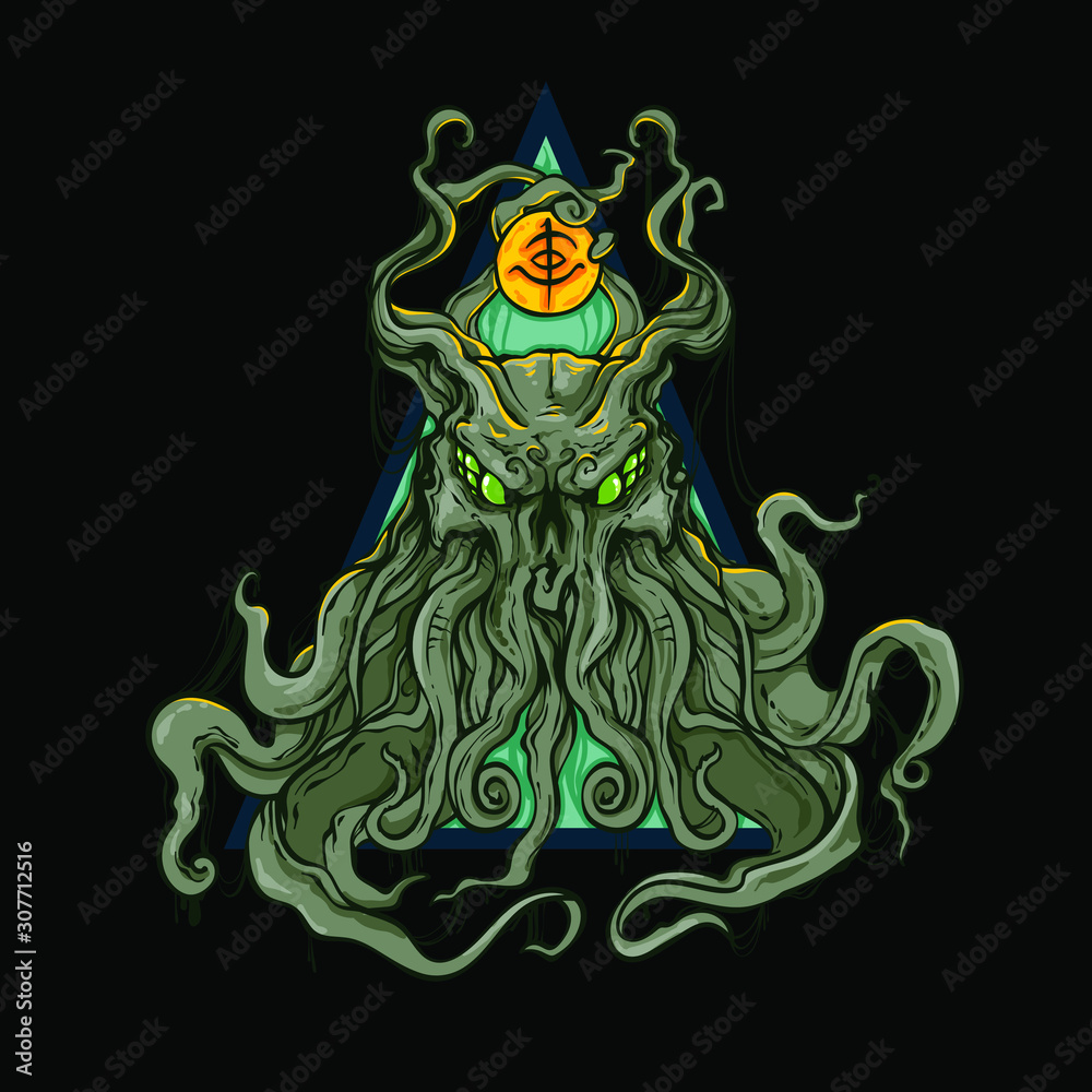 Vector hand drawn illustration of octopus or cthulhu sea monster ...