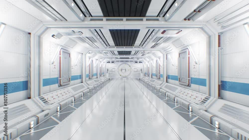 Moving Through the Abstract Spaceship Tunnel to Opening Gateway. 3d ...