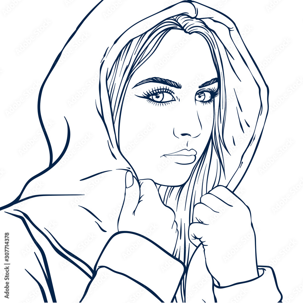 Realistic sketch of beautiful woman and hood, vector line art ...