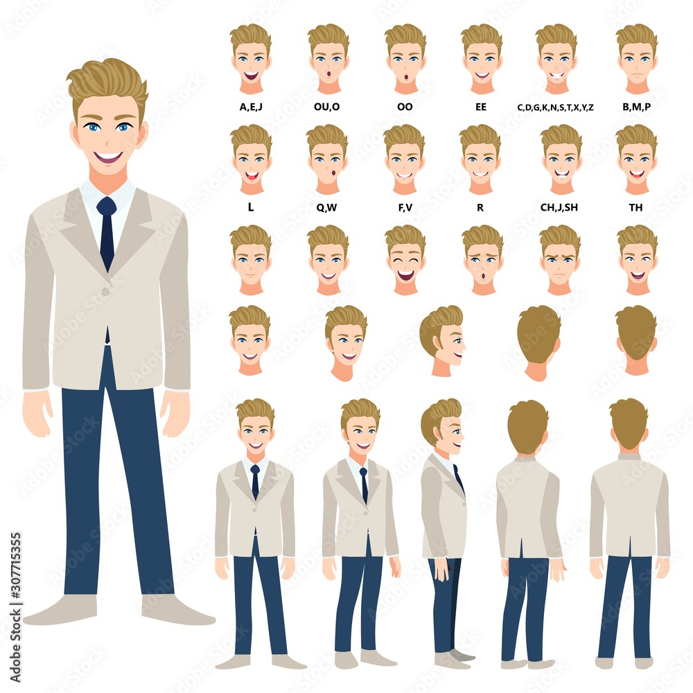 Cartoon character with business man in suit for animation. Front, side ...