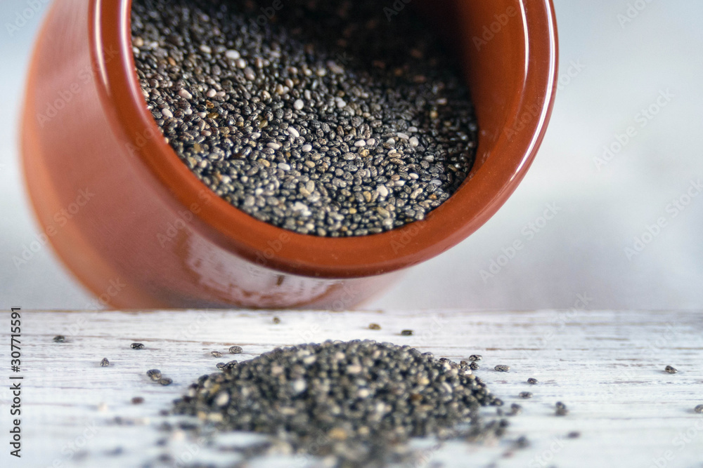Edible seeds of chia, Salvia hispanica, a flowering plant of the mint ...