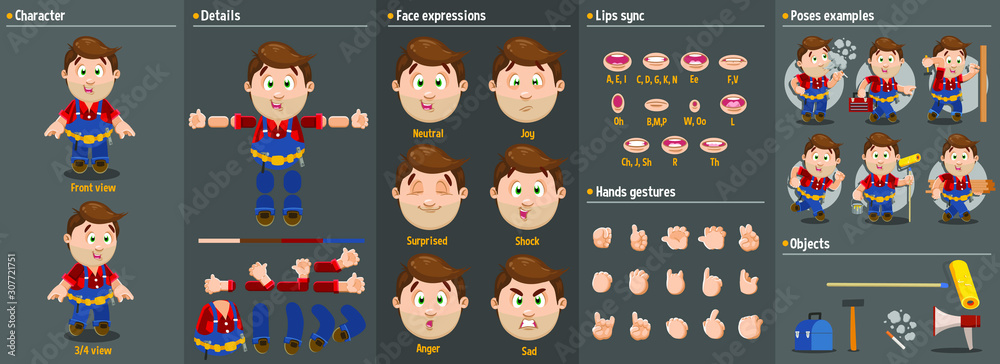 Cartoon builder, worker male constructor for animation. Parts of body ...
