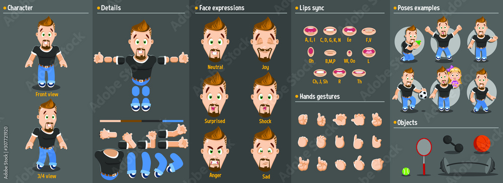 Cartoon bearded sportsman, athlete constructor for animation. Parts of ...