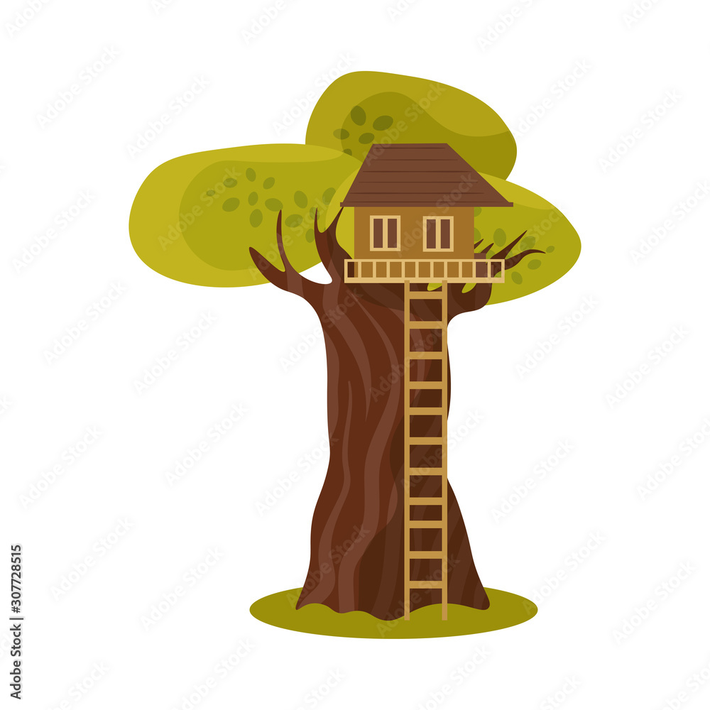 Cute small treehouse with stairs. Vector illustration in flat cartoon style Stock Vector | Adobe ...